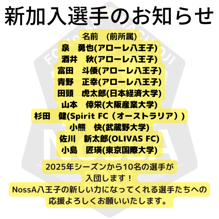 2025年シーズン新加入選手のお知らせ - 【公式】FC NossA 八王子 | 【公式】FC NossA 八王子